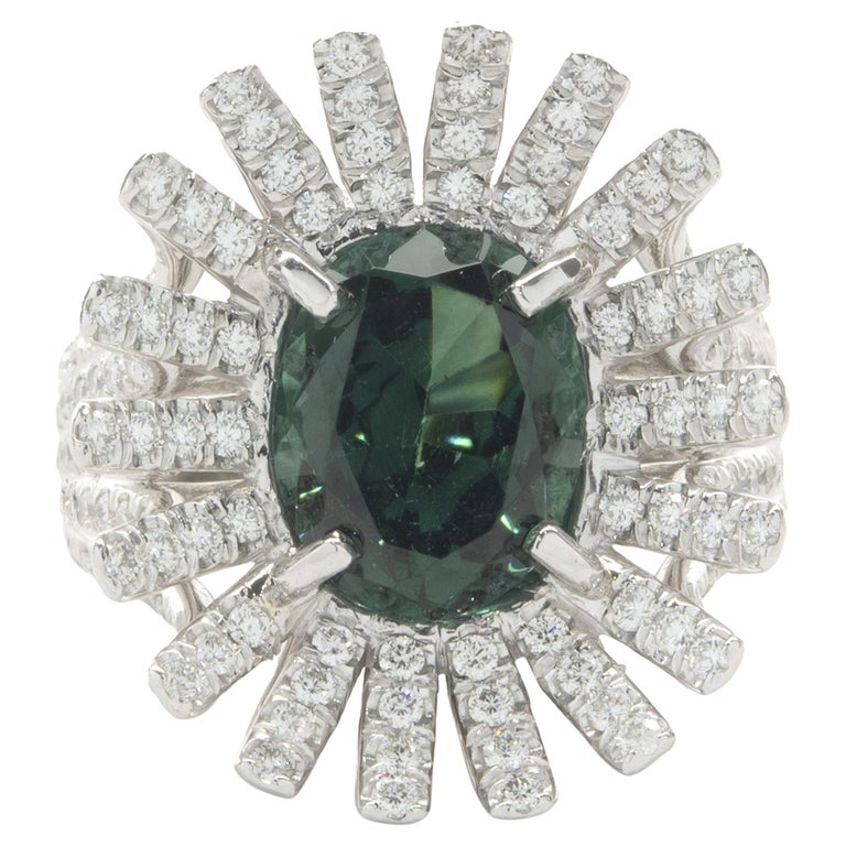 Platinum Green Tourmaline and Diamond Spray Ring For Sale at 1stDibs