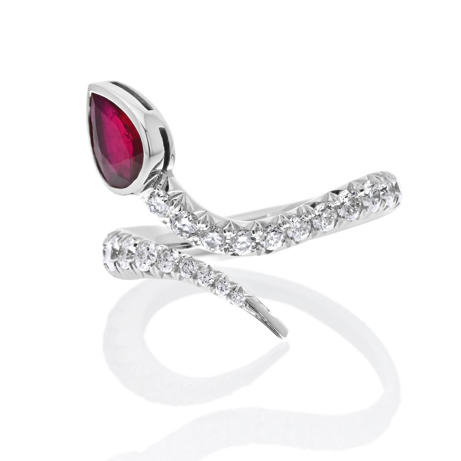 Platinum Handmade Diamond And 0.30ct Ruby Wrap Serpent Ring For Sale at ...