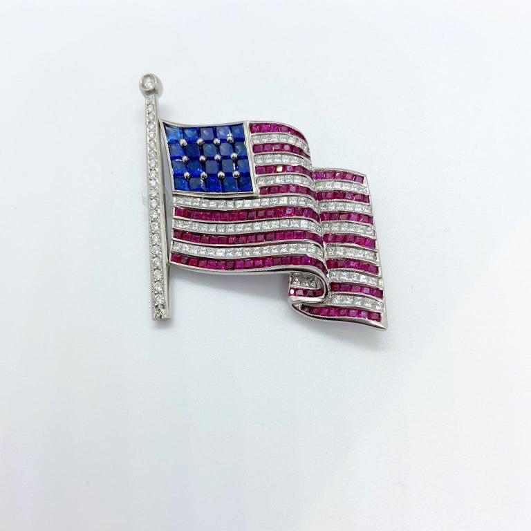 Platinum Large American Flag Brooch with Diamonds, Rubies, and ...