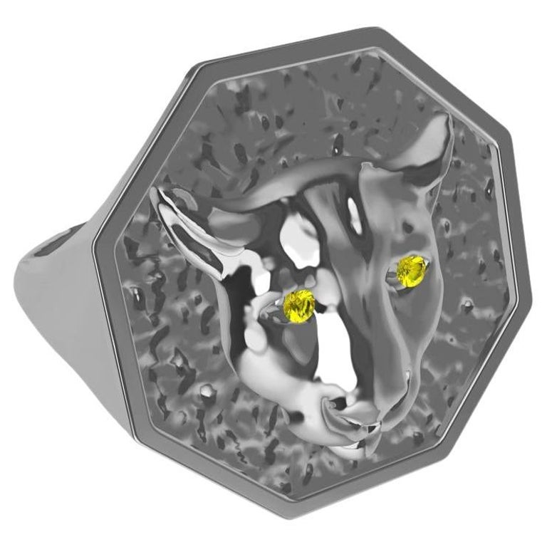Customizable Platinum Mens Cougar Signet Ring with Yellow Sapphire Eyes ...