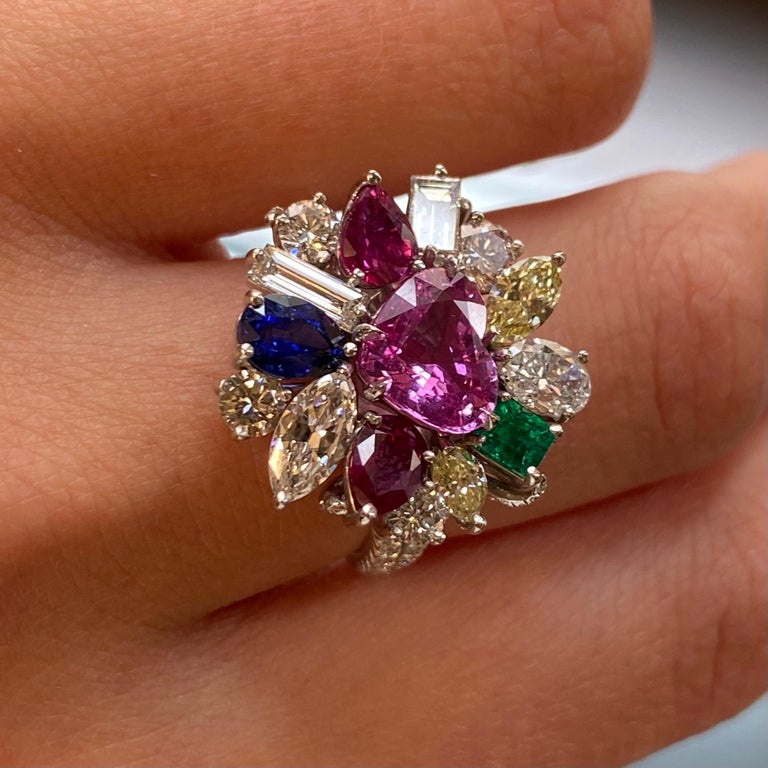 Platinum Multi-Colored Gemstones and Diamonds Cocktail Ring 5.37Cttw ...