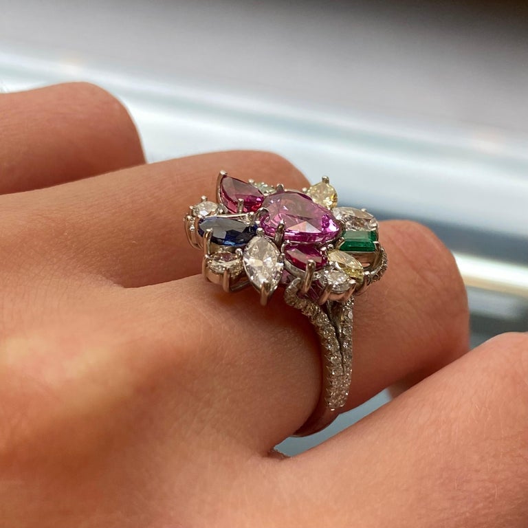 Platinum Multi-Colored Gemstones and Diamonds Cocktail Ring 5.37Cttw ...