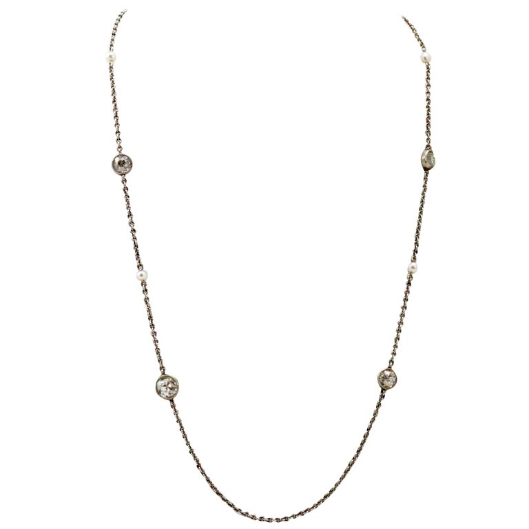 Platinum Natural Pearl and Diamond Chain at 1stDibs | platinum diamond ...