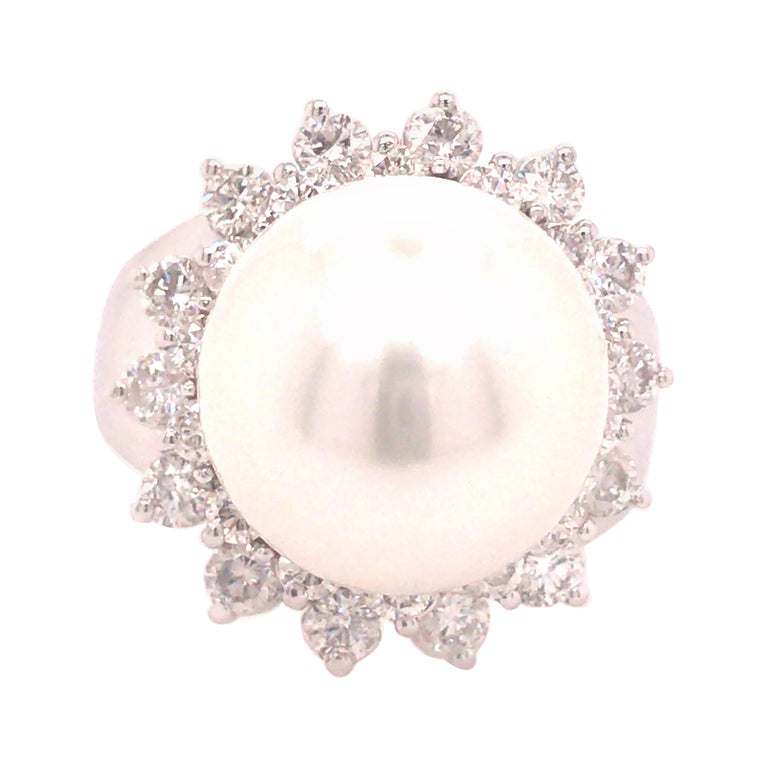 Platinum Pearl Ring Diamond Halo For Sale at 1stDibs
