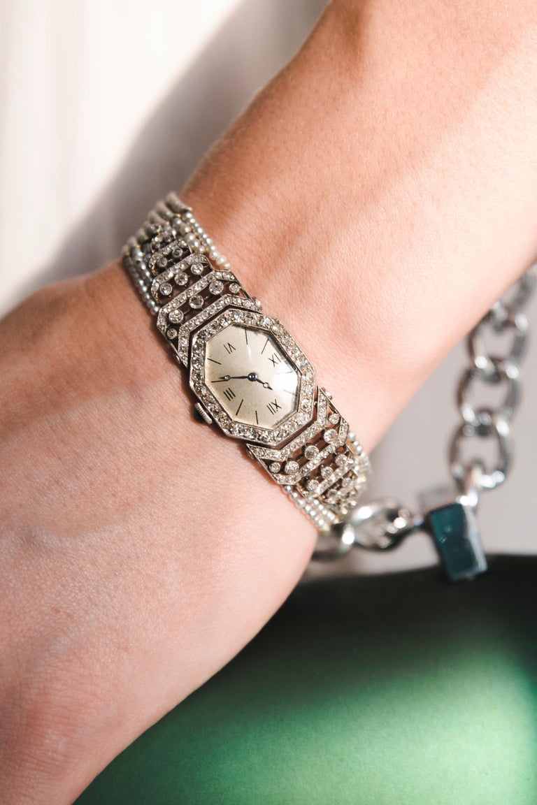 Platinum Pearls Emerald Enamel Diamonds Ladies Watch Art Nouveau, 1930 ...