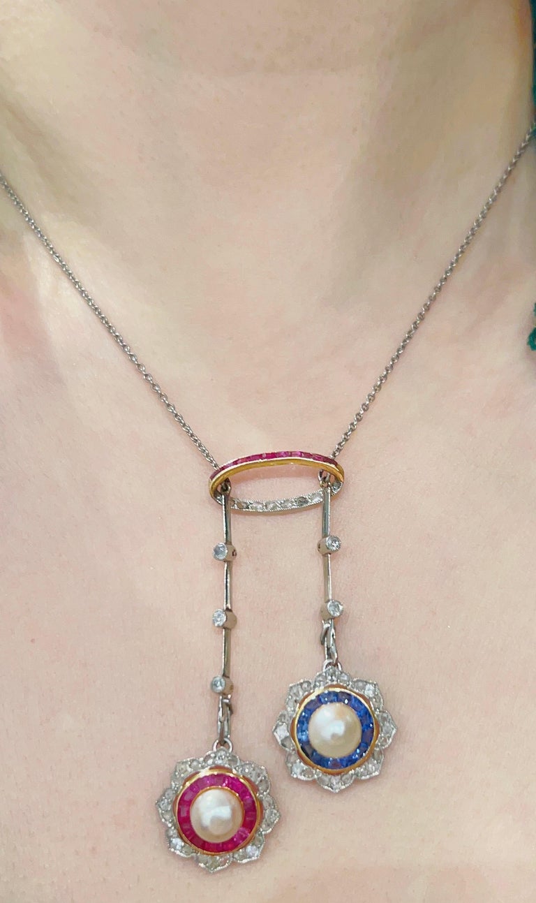 Platinum Pearls Ruby, Sapphire and Diamond Pendant Necklace For Sale at ...