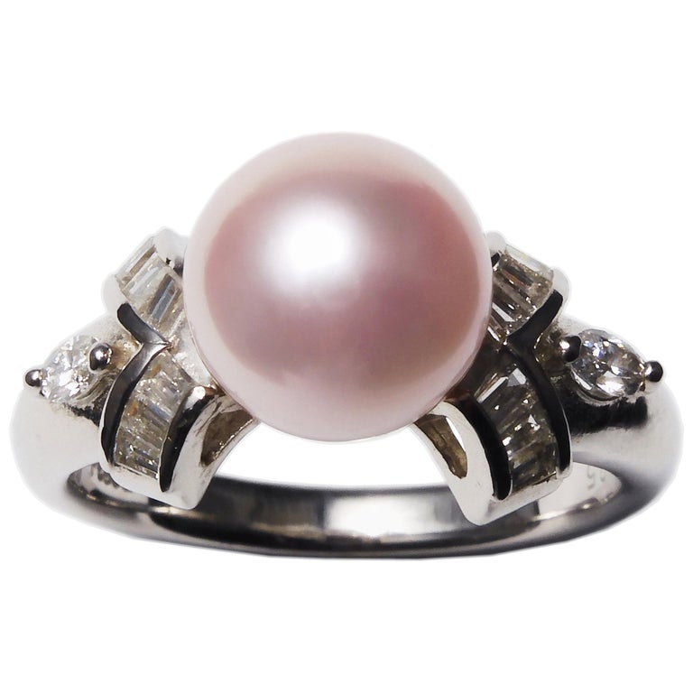 Platinum Pink Coral Core Pearl Ring with Diamonds For Sale at 1stDibs