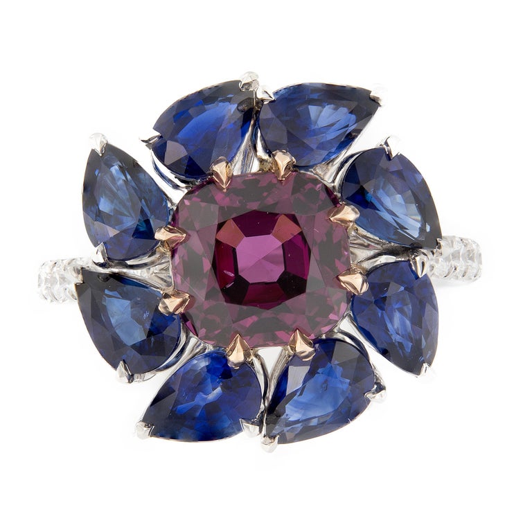 Platinum Rhodolite and Sapphire Cluster Cocktail Ring For Sale (Free ...