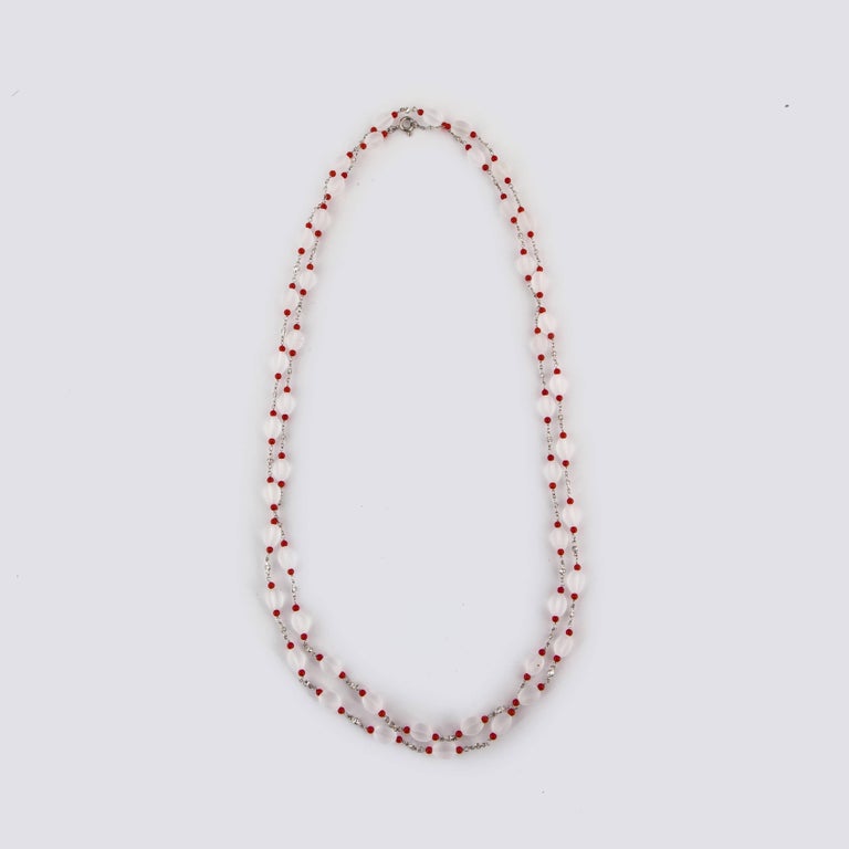 Long Rock Crystal and Coral Bead Necklace in Platinum For Sale at 1stDibs
