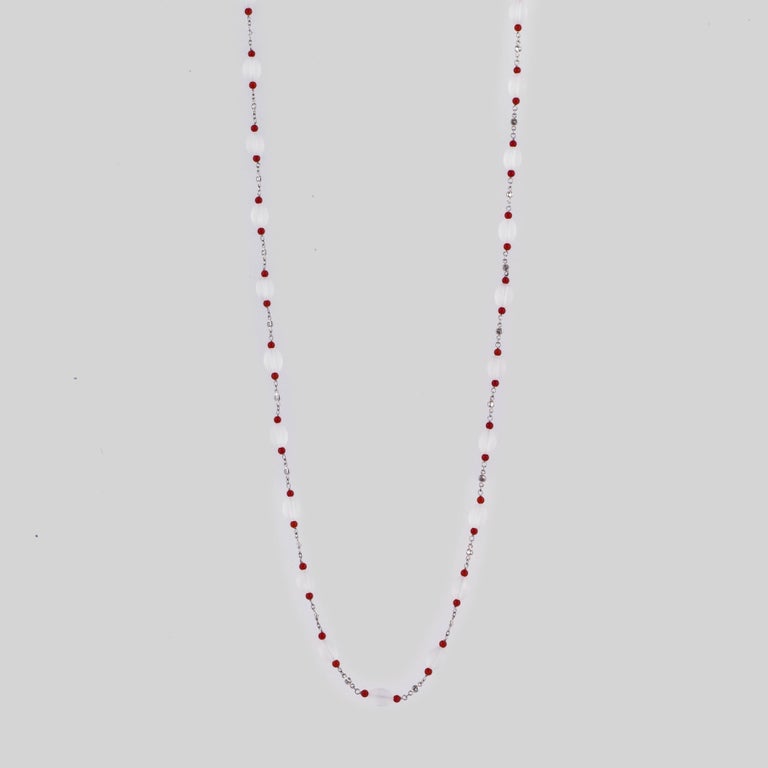 Long Rock Crystal and Coral Bead Necklace in Platinum For Sale at 1stDibs