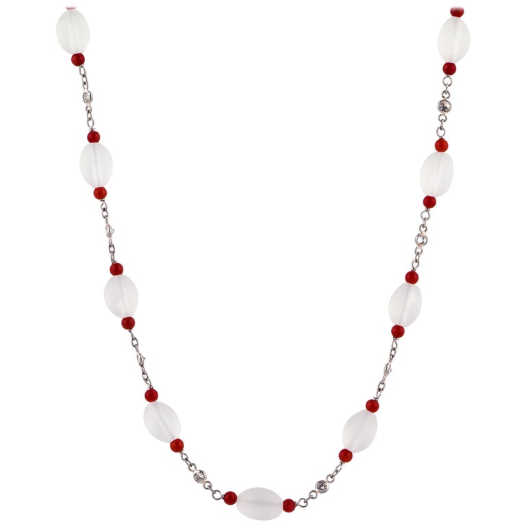 Long Rock Crystal and Coral Bead Necklace in Platinum For Sale at 1stDibs