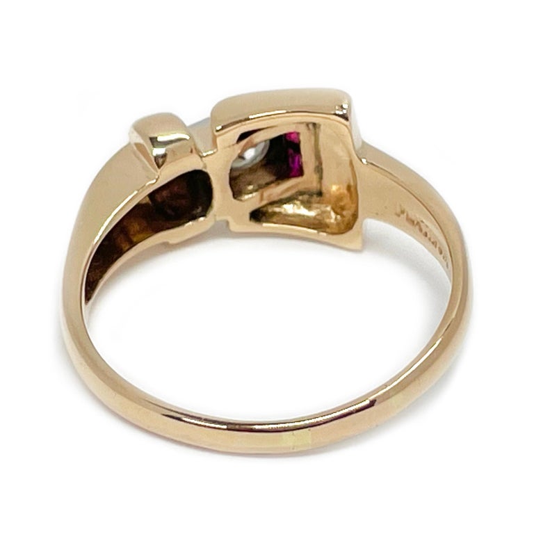 Platinum Rose Gold Diamond Ruby Buckle Ring For Sale at 1stDibs
