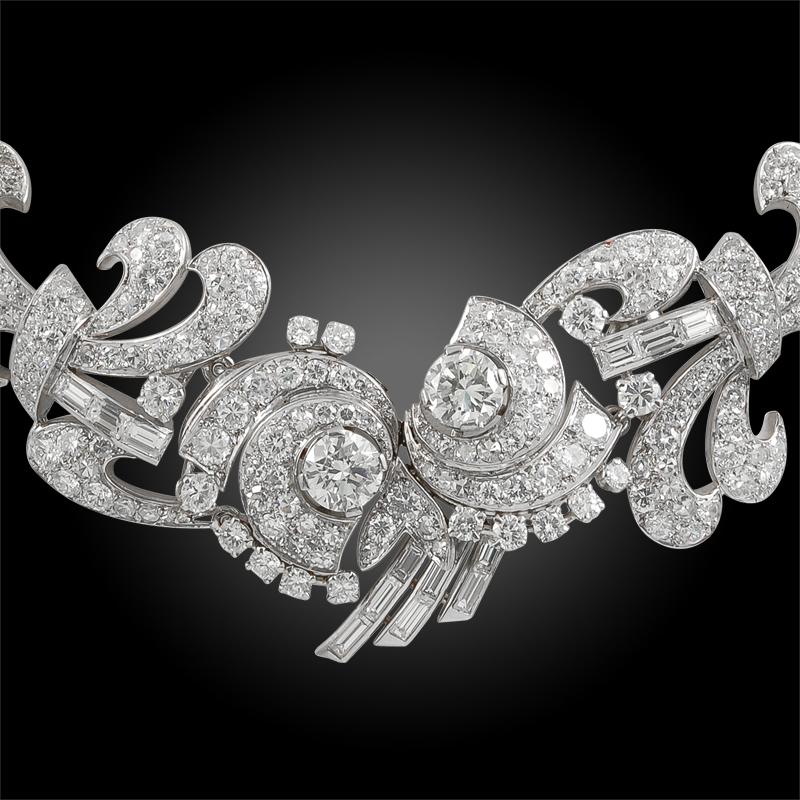 Round and Baguette Diamond Platinum Scroll Design Necklace For Sale at ...