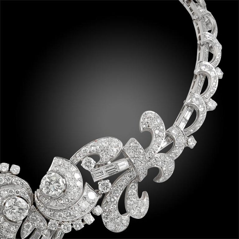 Round and Baguette Diamond Platinum Scroll Design Necklace For Sale at ...