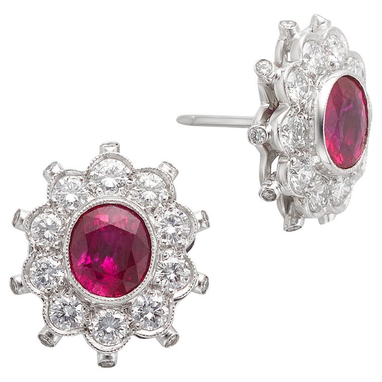 Platinum Ruby and Diamond Stud Earrings For Sale at 1stDibs