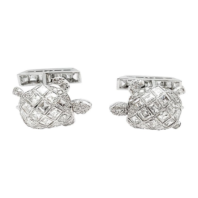 Platinum "Turtle" Cufflinks, Set with Diamonds at 1stDibs