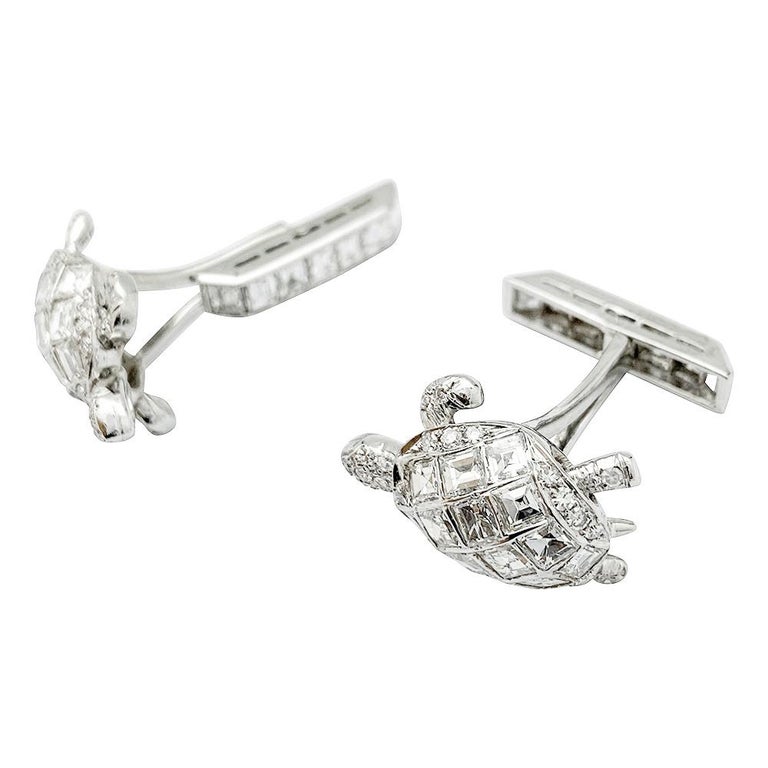 Platinum "Turtle" Cufflinks, Set with Diamonds at 1stDibs