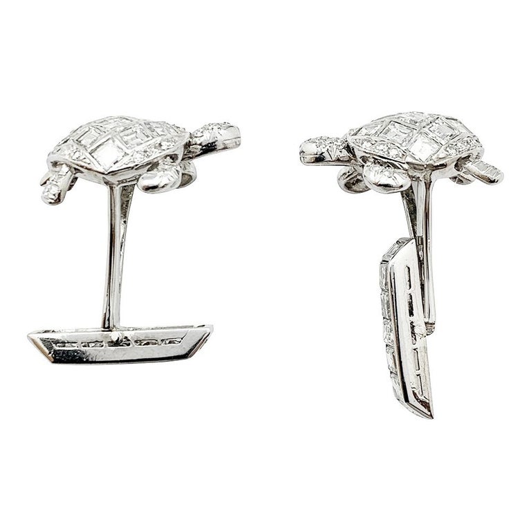 Platinum "Turtle" Cufflinks, Set with Diamonds at 1stDibs