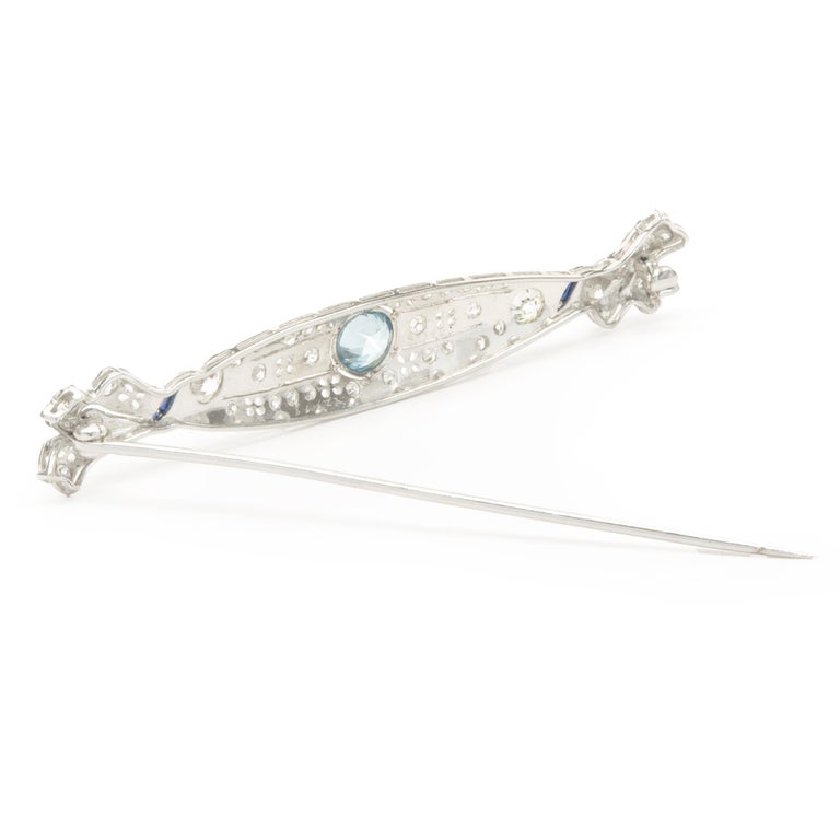 Platinum Vintage Art Deco Blue Zircon, Diamond, and Sapphire Stick Pin ...