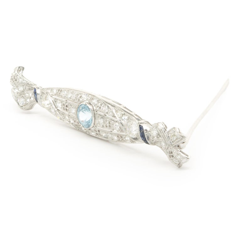 Platinum Vintage Art Deco Blue Zircon, Diamond, and Sapphire Stick Pin ...