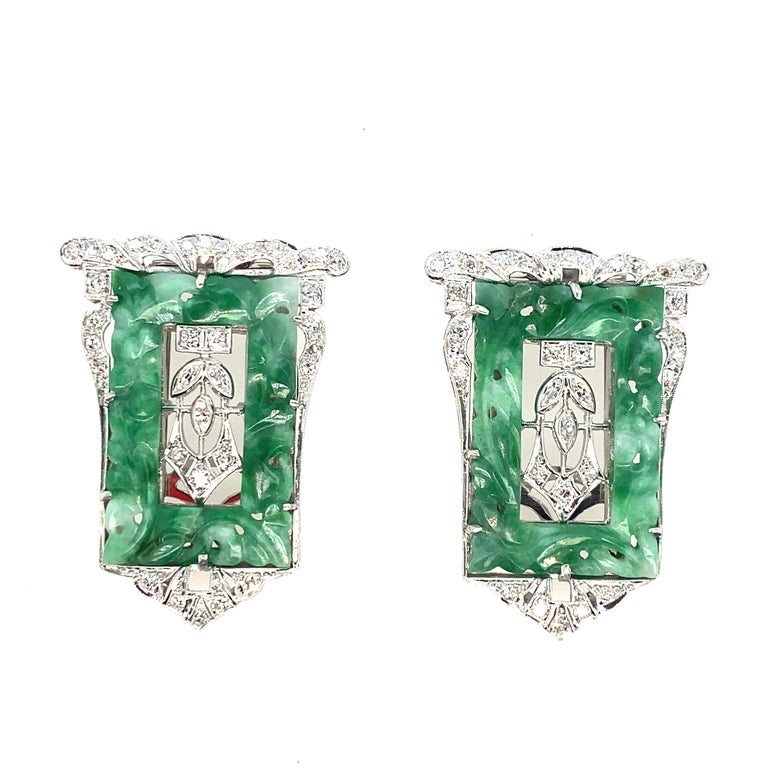 Platinum Vintage Art Deco Diamond and Jade Duette Clip Brooch For Sale ...