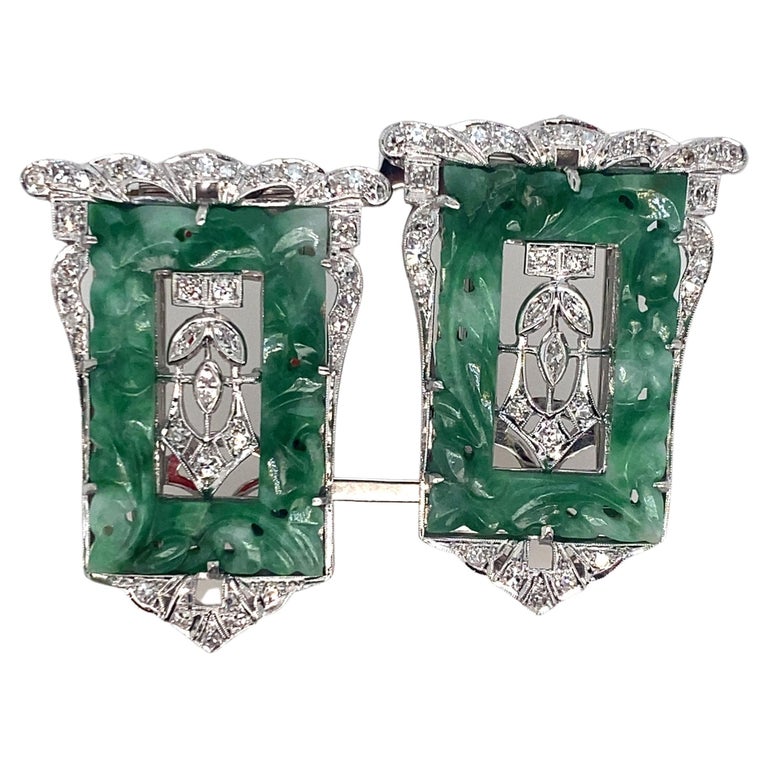 Platinum Vintage Art Deco Diamond and Jade Duette Clip Brooch For Sale ...