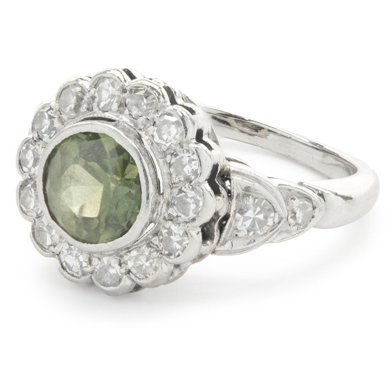 Platinum Vintage Art Deco Green Apple Sapphire and Diamond Ring For ...