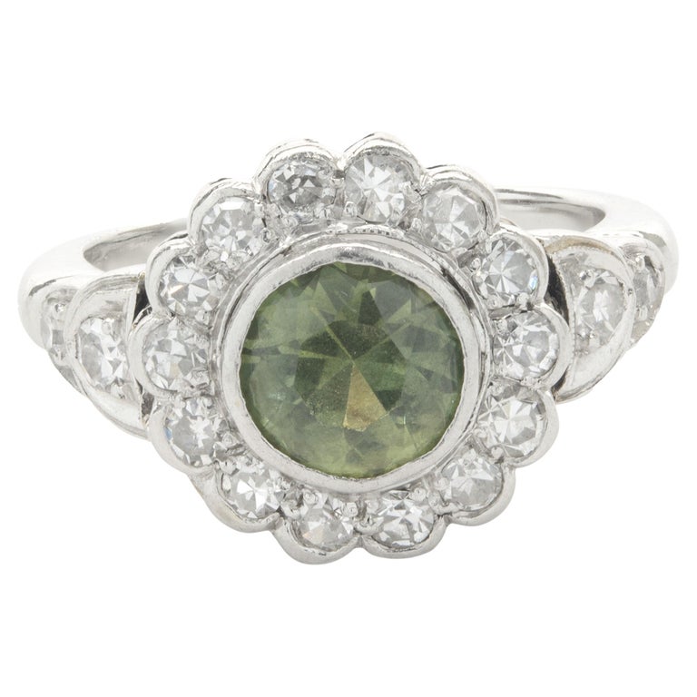 Platinum Vintage Art Deco Green Apple Sapphire and Diamond Ring For ...