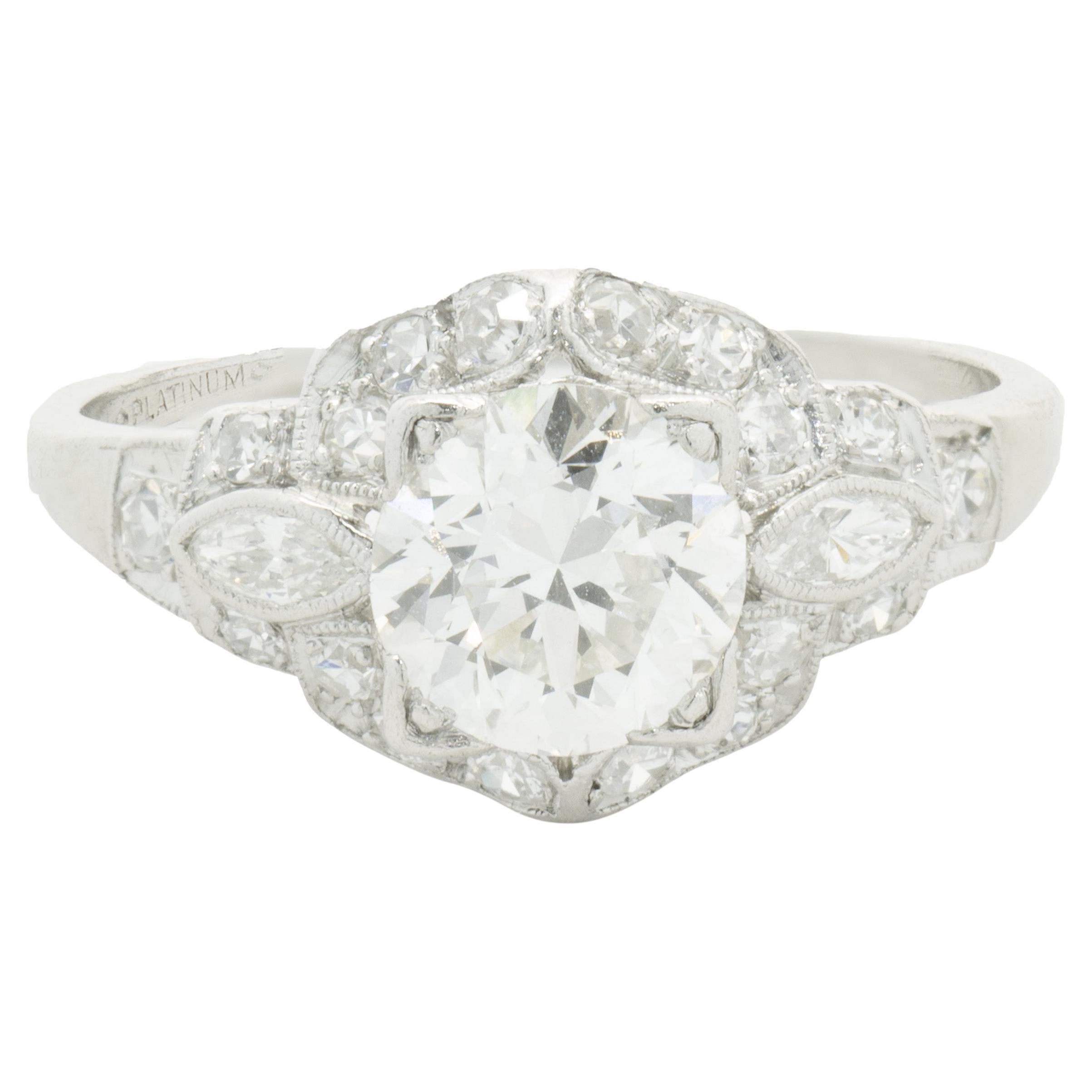 Platinum Vintage Art Deco Round European Cut Diamond Engagement Ring ...