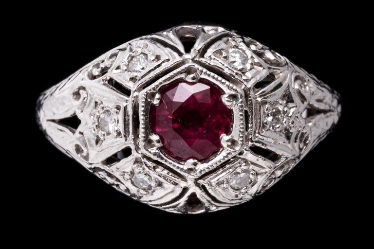 Platinum Vintage Filigree Ruby and Diamond Dome Ring For Sale at 1stDibs