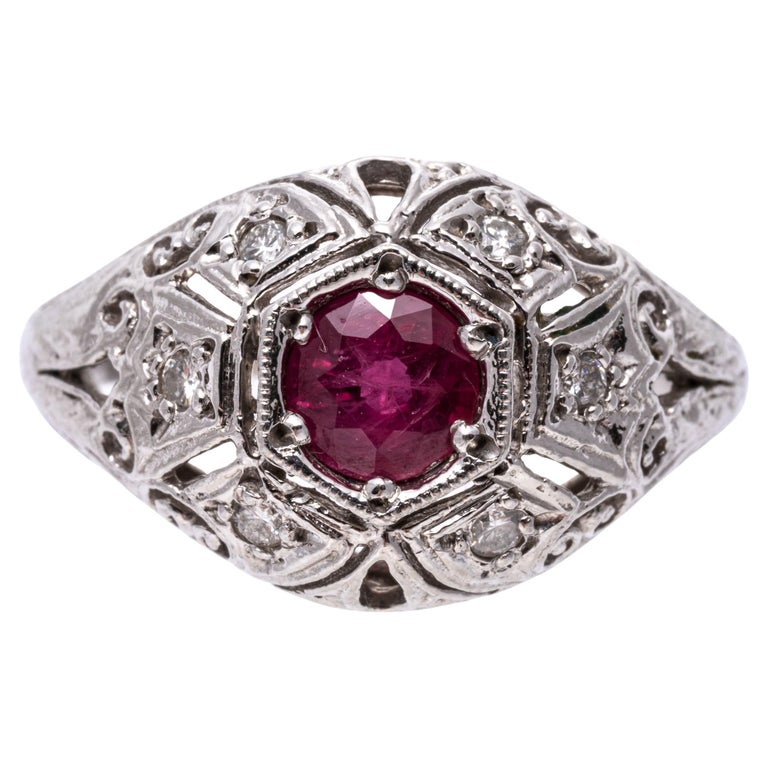 Platinum Vintage Filigree Ruby and Diamond Dome Ring For Sale at 1stDibs
