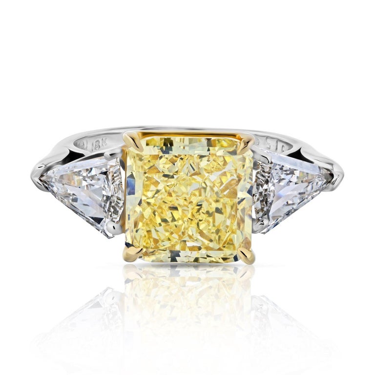 Platinum and 18K Yellow Gold Fancy Yellow Three Stone Diamond Engagement Ring For Sale at 1stDibs
