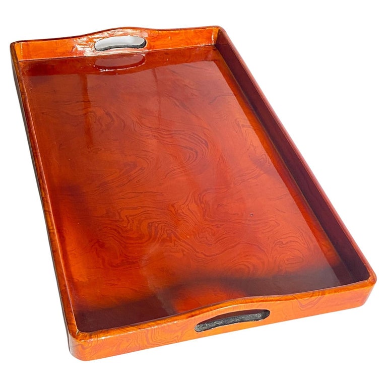 Platter in Wood with Lacquered Painting, Brown Color, England, 1970 For ...