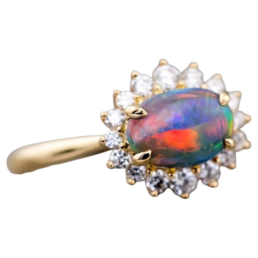 Play of Color Black Opal Diamond Halo Engagement Ring 18K Yellow Gold ...