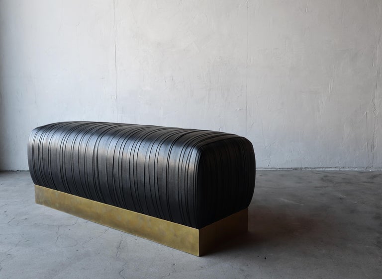 Pleated Black Leather and Patinated Brass Benches For Sale at 1stDibs