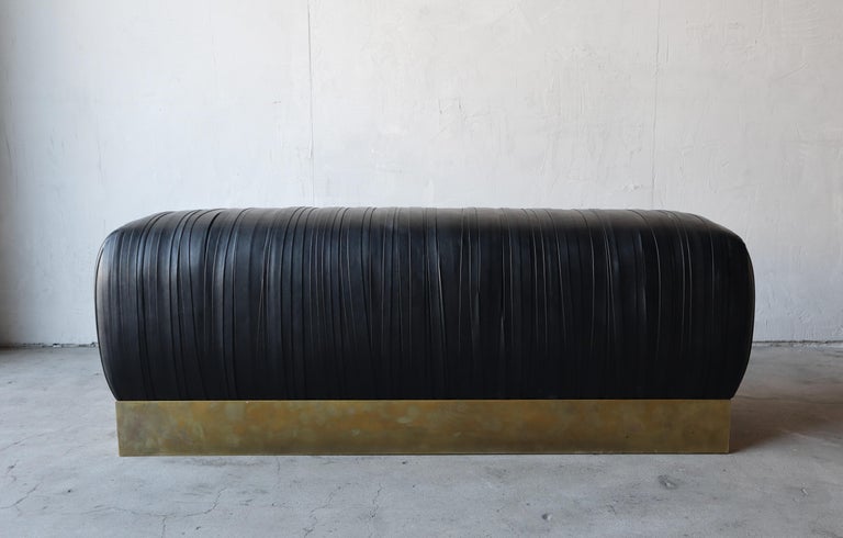 Pleated Black Leather and Patinated Brass Benches For Sale at 1stDibs
