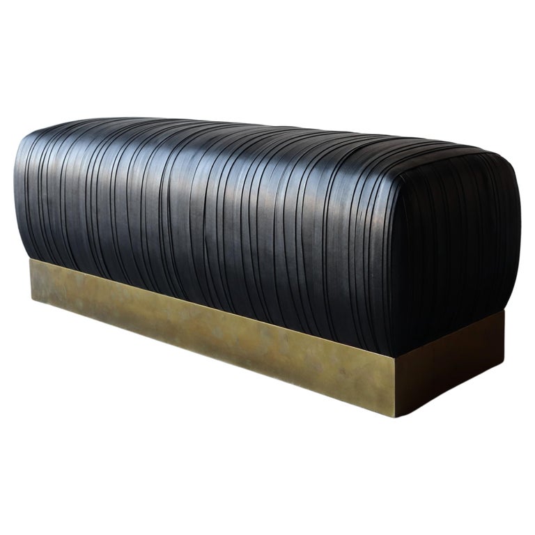 Pleated Black Leather and Patinated Brass Benches For Sale at 1stDibs