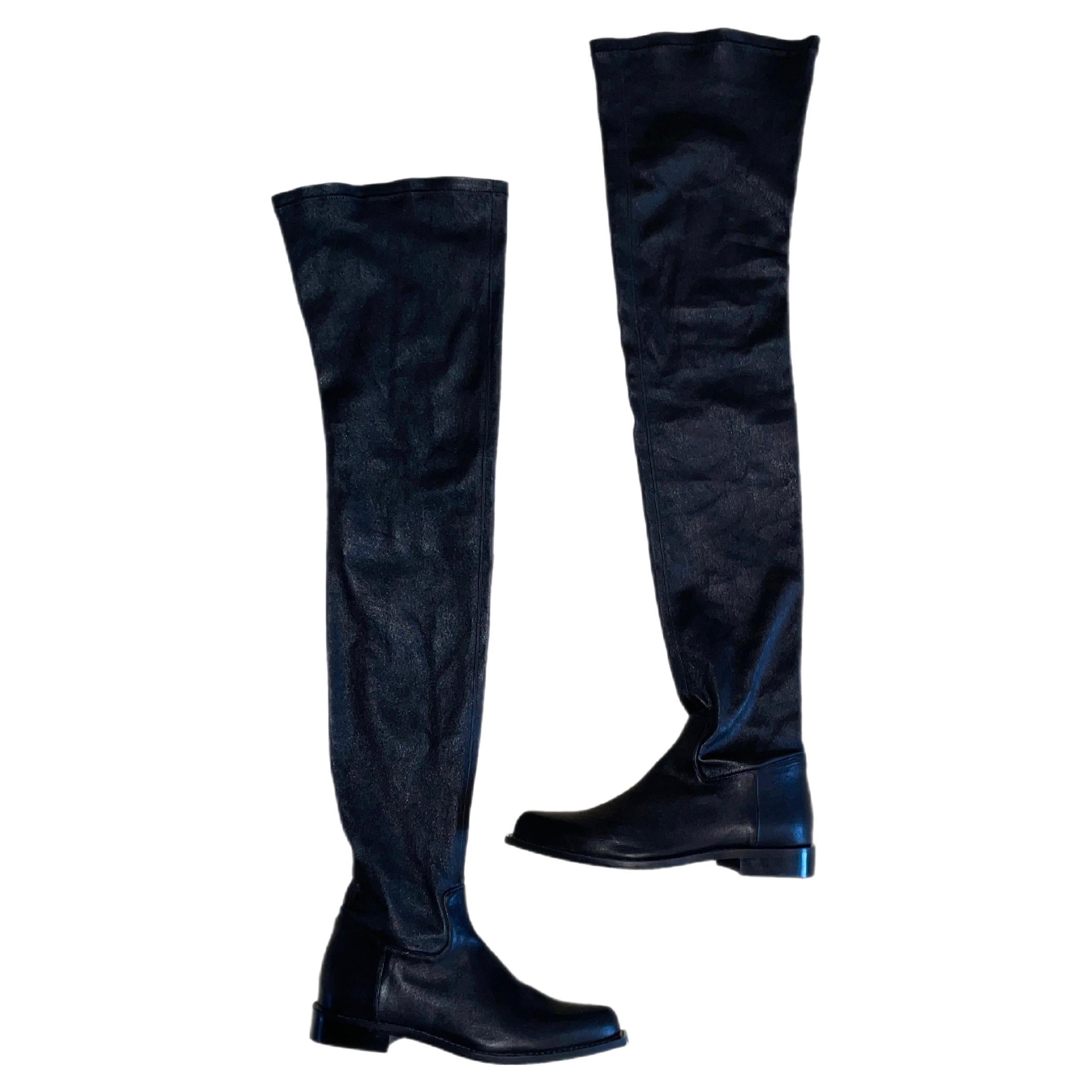 PLEIN SUD thigh-high black leather flat boots For Sale at 1stDibs
