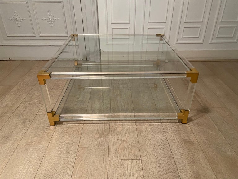 Plexiglass Coffee Table and Brass Corners, 1970s at 1stDibs