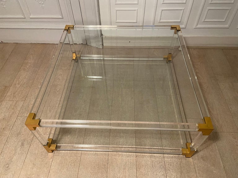 Plexiglass Coffee Table and Brass Corners, 1970s at 1stDibs