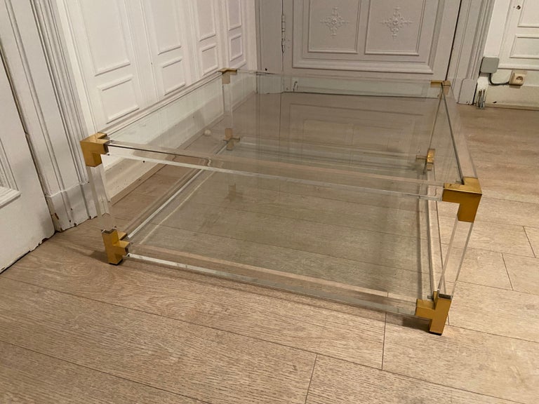 Plexiglass Coffee Table and Brass Corners, 1970s at 1stDibs