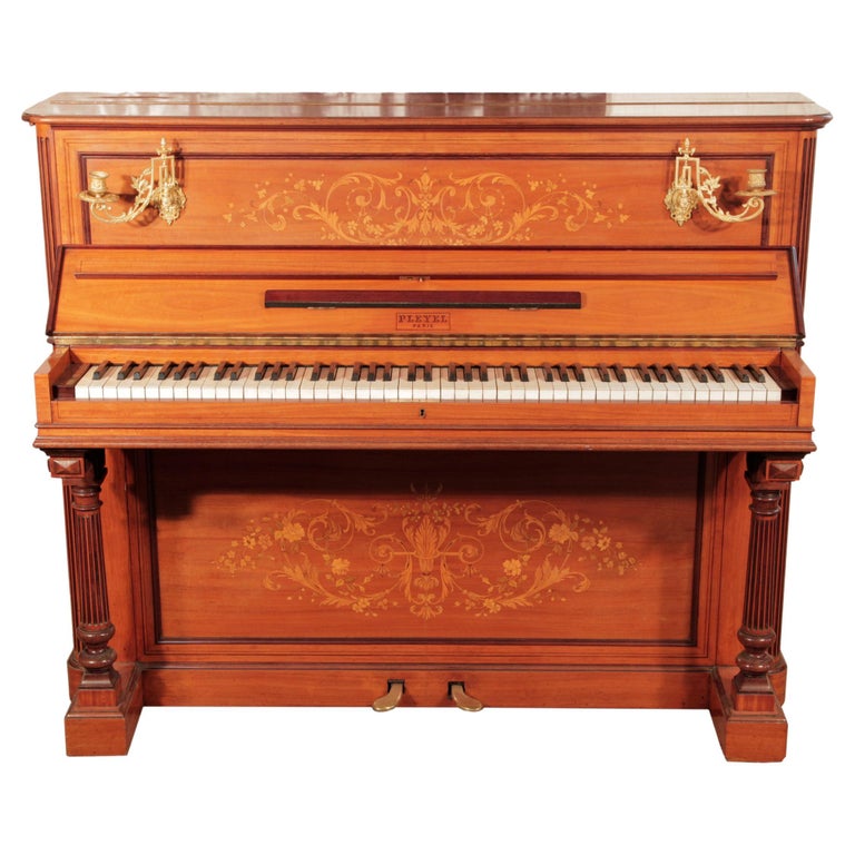 Pleyel Upright Piano Satinwood Neoclassical Inlay Fluted, Columnar Legs For Sale at 1stDibs