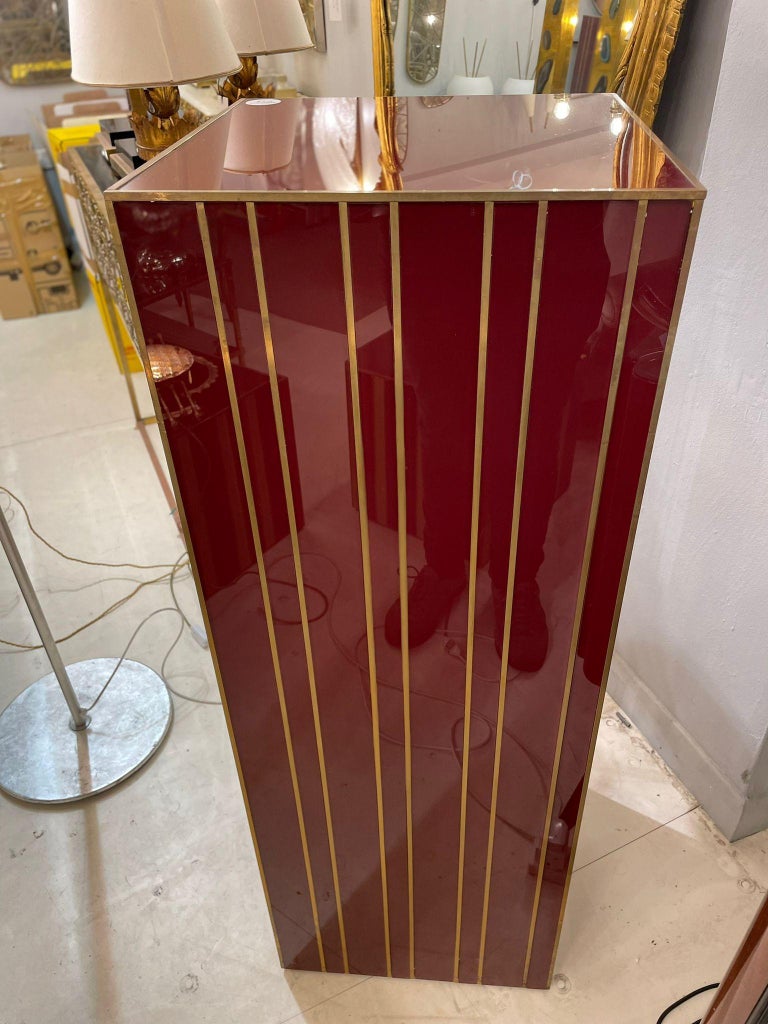 Plinth in Bordeaux Color Glass and Brass Decorations, Italy 1980s For ...