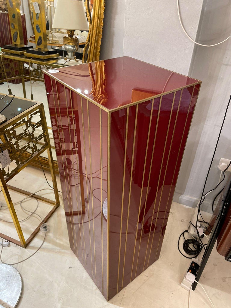 Plinth in Bordeaux Color Glass and Brass Decorations, Italy 1980s For ...