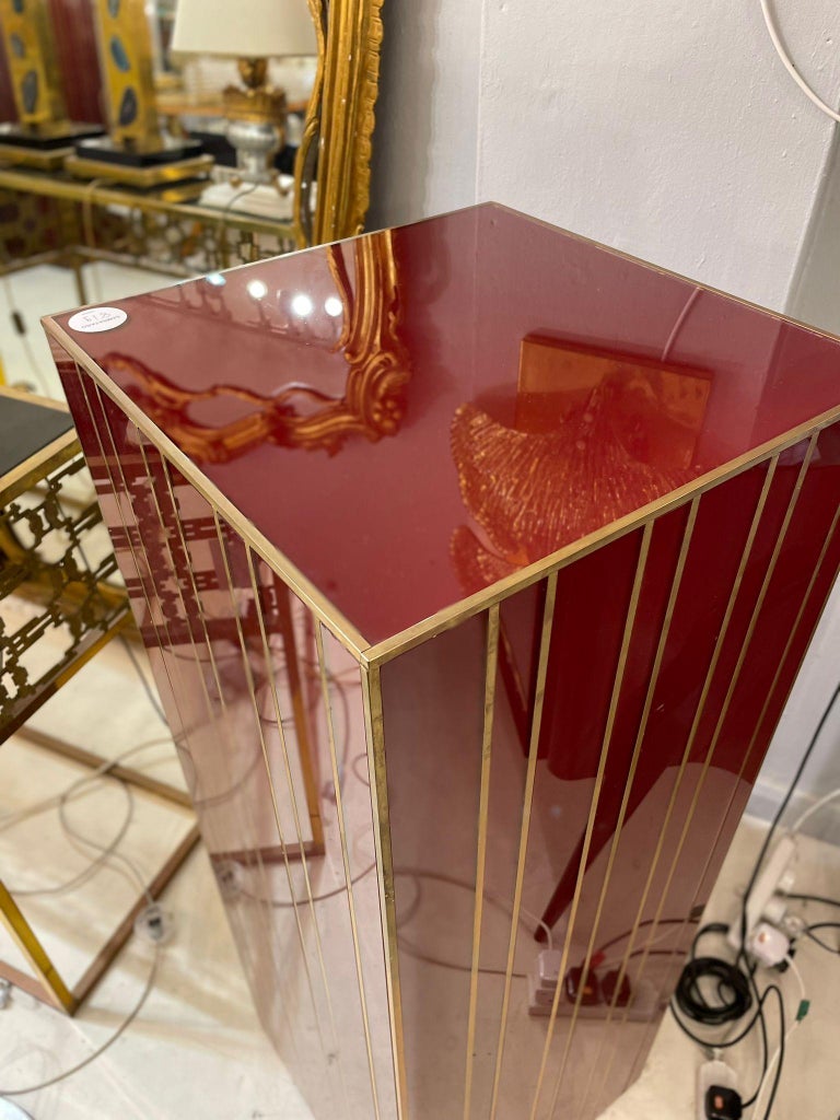 Plinth in Bordeaux Color Glass and Brass Decorations, Italy 1980s For ...