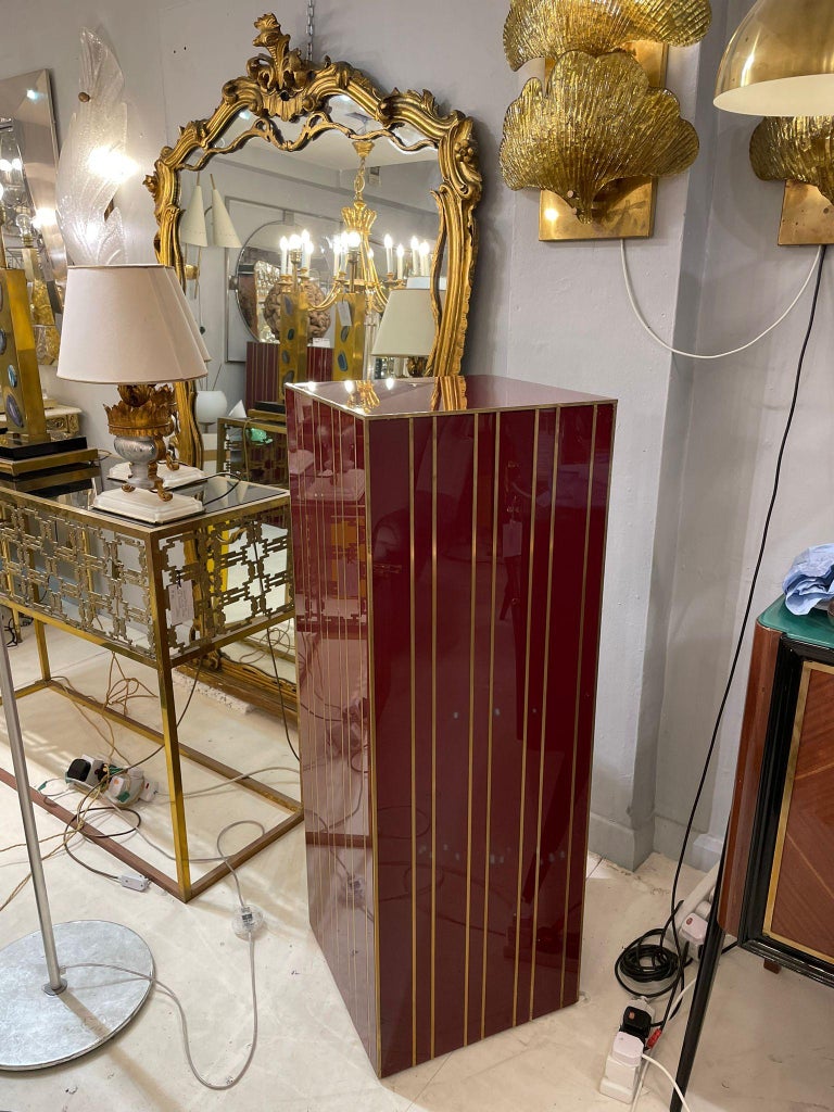 Plinth in Bordeaux Color Glass and Brass Decorations, Italy 1980s For ...