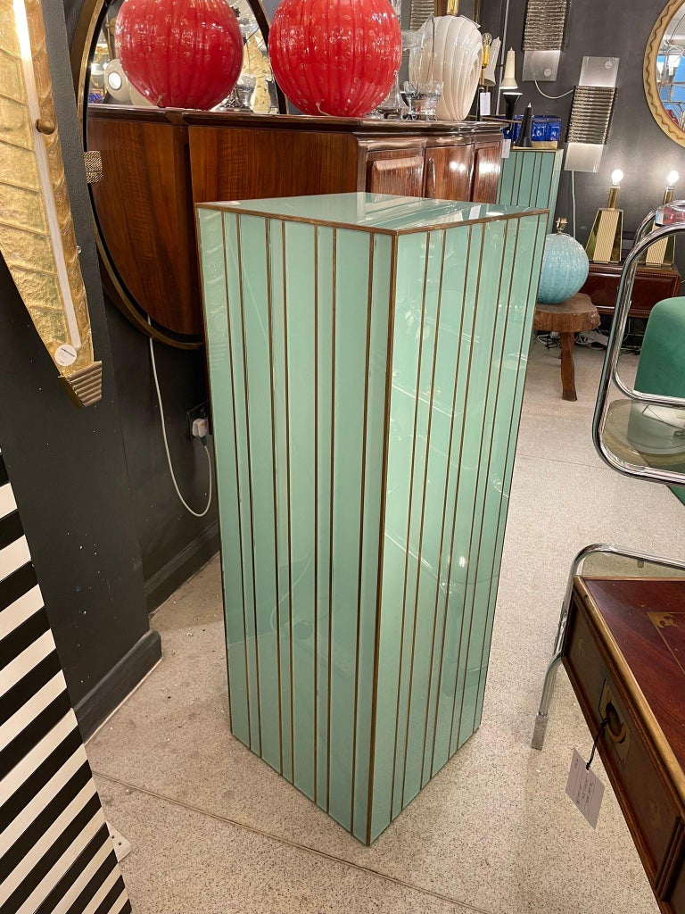 Plinth in Turquoise Colour Glass and Brass Decorations, Italy, 1980s ...