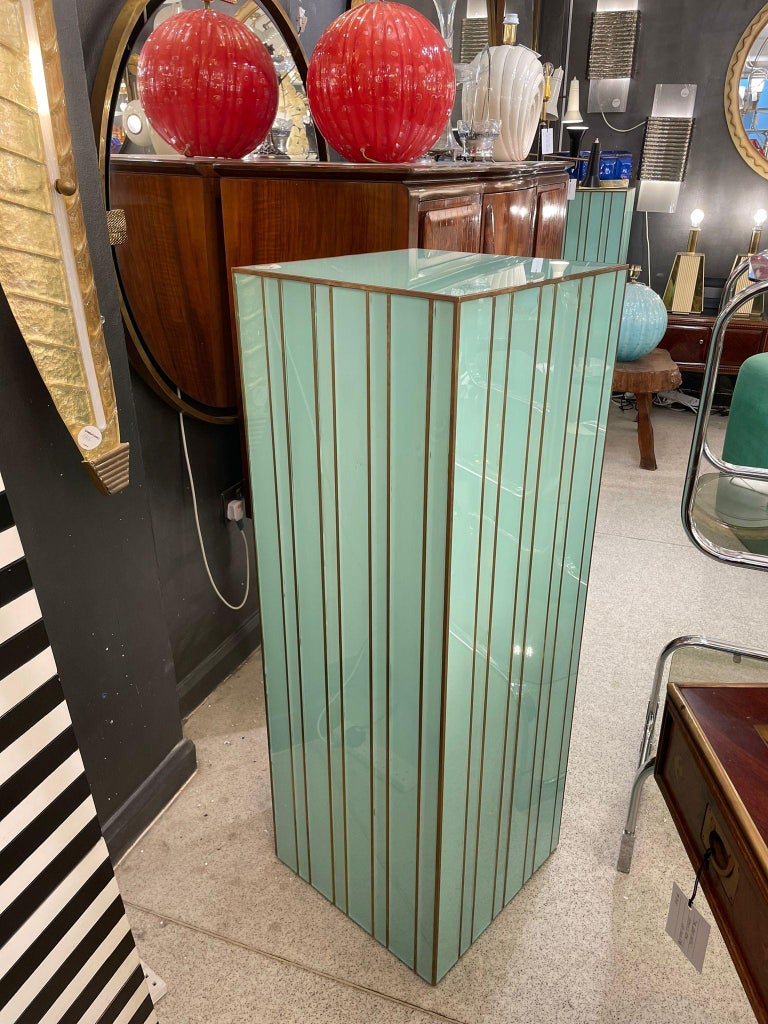 Plinth in Turquoise Colour Glass and Brass Decorations, Italy, 1980s ...