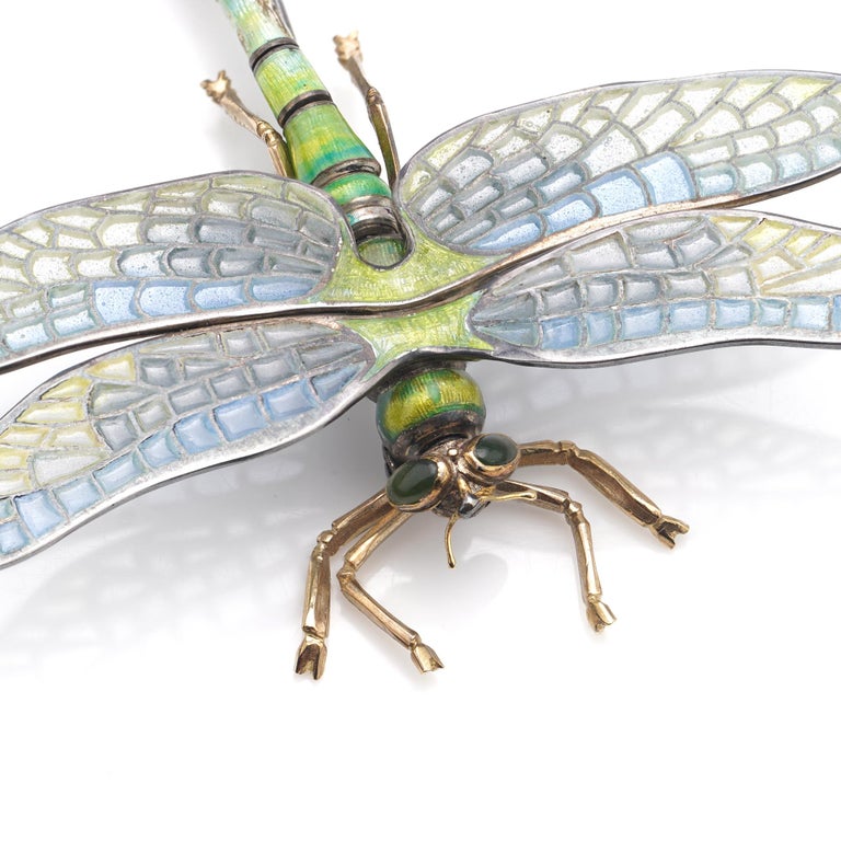 Plique À Jour and Enamel 18kt Yellow Gold and Silver Dragonfly Brooch ...