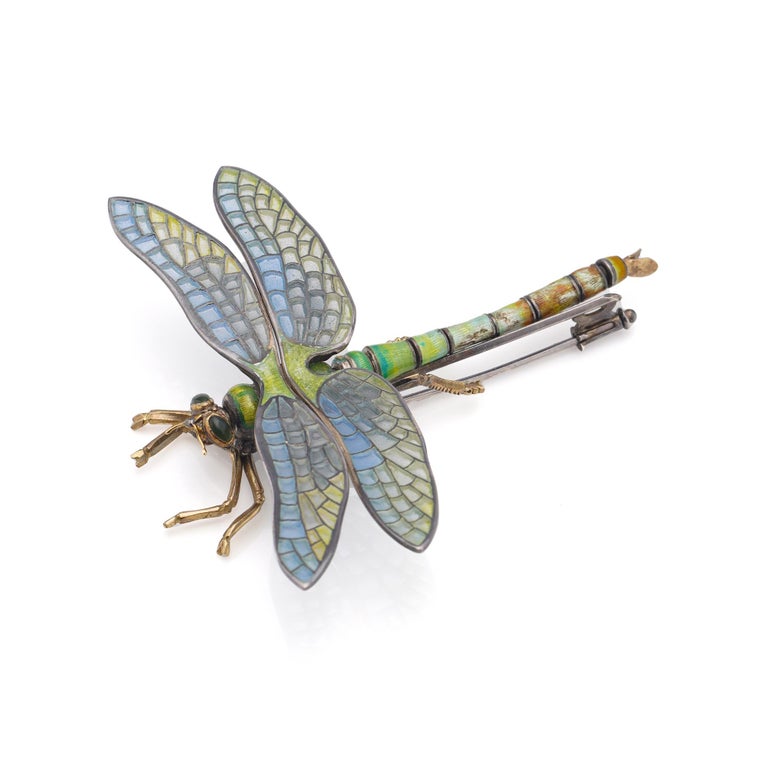 Plique À Jour and Enamel 18kt Yellow Gold and Silver Dragonfly Brooch ...